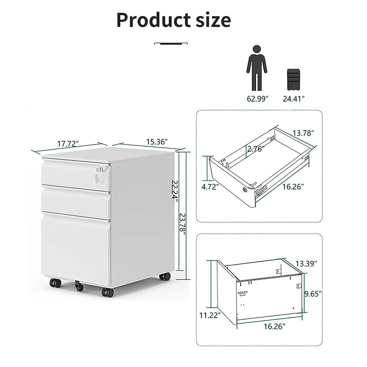 Sanoolir 3-Drawer Mobile File Cabinets Rolling, Vertical Metal Filing Cabinet for Legal & Letter File Anti-tilt Design with Lock Under Desk Office Drawers Fully Assembled (White)