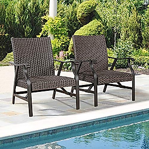 Ulax Furniture Outdoor Wicker Club Chairs Patio Wicker Padded Rocking Motion Conversation Arm Chair for Poolside, Garden, Porch, Set of 2