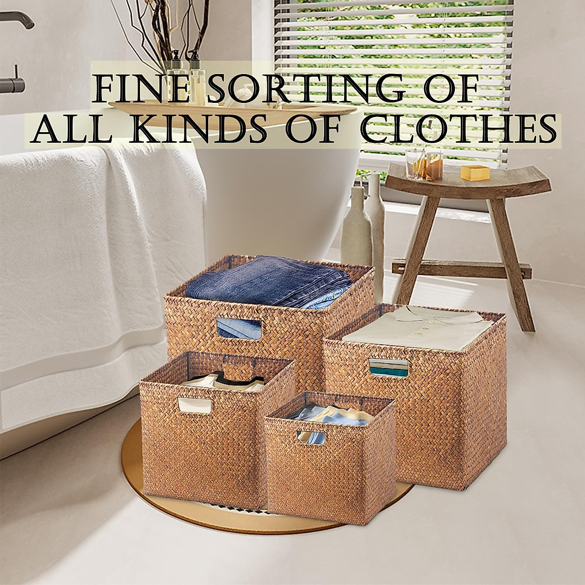 Ululusky Seagrass Basket Storage 10.5"x10.5" - 4 Pack Nesting Storage Baskets for Shelves,Wicker Woven Cube Storage Basket for Shelf 11.5"x11.5",Bedroom, Living Room,Laundry,Pantry,Shelves