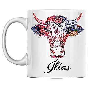 4Ink Personal Cow Mug Name Ilias White Ceramic 11 Oz Coffee Mug Printed on Both Sides Perfect for Birthday For Him, Her, Boy, Girl, Husband, Wife, Men, and Women