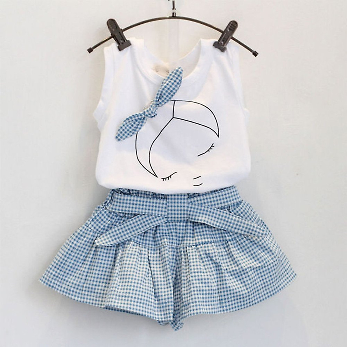 Verypoppa Baby Girls Sleeveless T Shirt + Plaids Shorts Sets Outfits , White + Blue, 4 - 5 Years