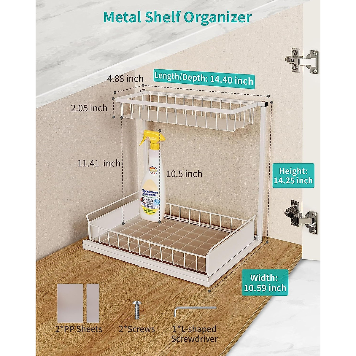 Under Sink Organizer,Metal Pull Out Kitchen Cabinet Organizer with Sliding Drawer,Sturdy Multi-Functional for Bathroom Organization,White