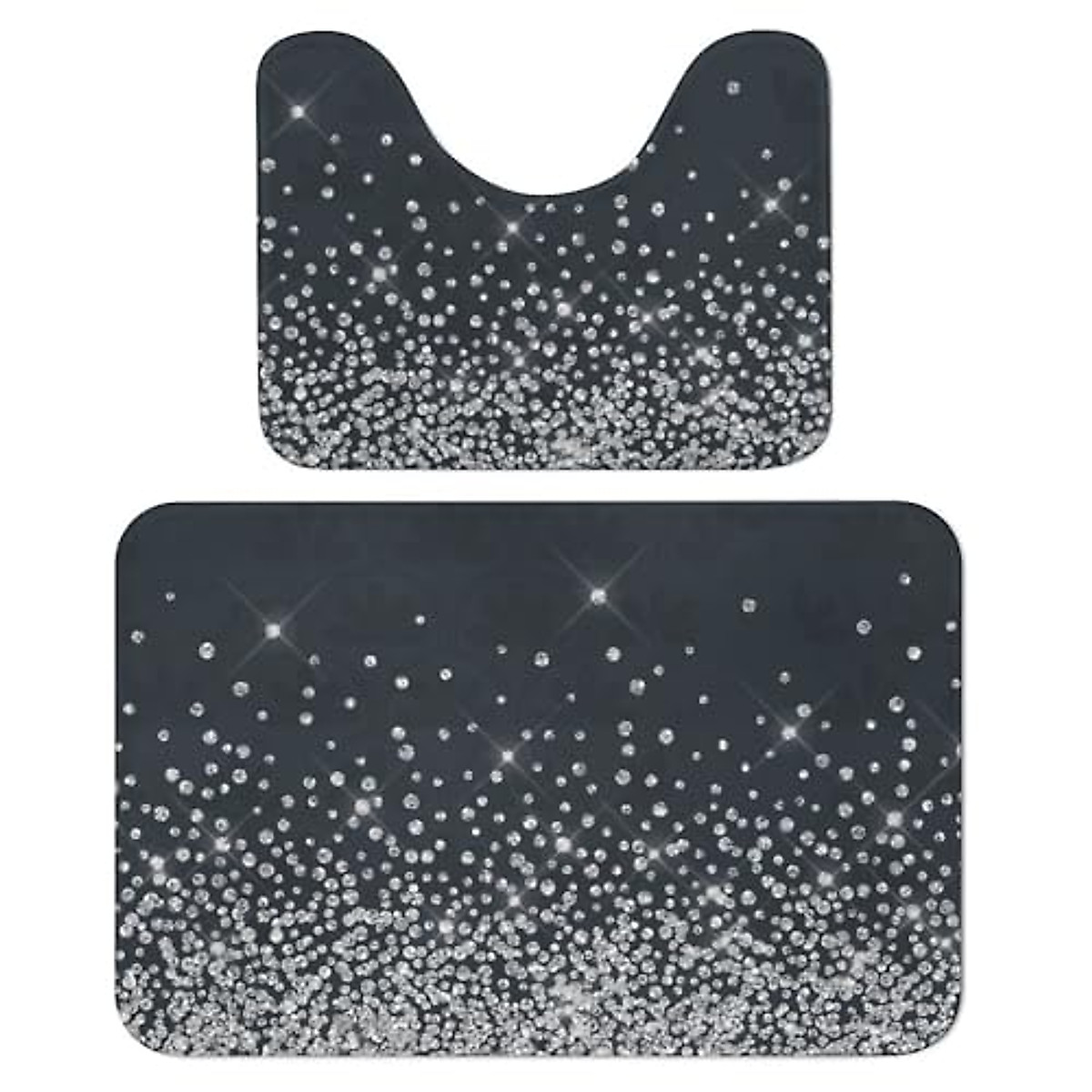 Bathroom Rug Set 2 Piece Black Silver Glitter Diamond Sparkly Bath Rugs and U-Shaped Contour Toilet Rug, Non-Slip Bath Carpet Bath Mats for Bathroom 15.7"x23.6"