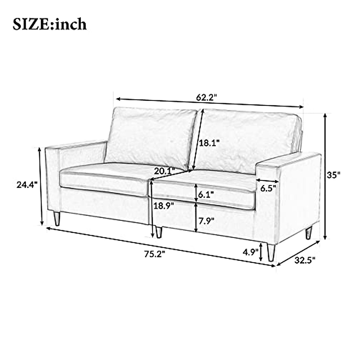 HYC Mid-Century Leather Living Room, Modern Style Upholstered 3-Seater Sofa Couch for Home or Office, Black PU