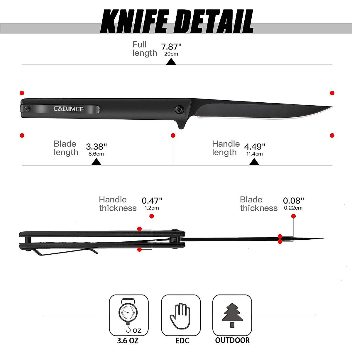 Carimee Slim Pocket Knife 3.5", Gentlemen`s Folding Knife, Fully black Ti-coated D2 steel blade and stainless Steel handle, with Leather Sheath, EDC tool, 2024 Gifts for men women
