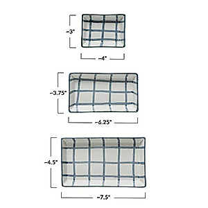 Creative Co-Op Hand-Painted Stoneware Trays with Grid Pattern, Set of 3 Plate, 7.5", Blue & White
