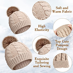 3 Pcs Parent Child Hat Knitted Baby Beanie Mother Daughter Hat Warm Knit Hat Pom Pom Parent Baby Beanie Hats for Winter (Beige)