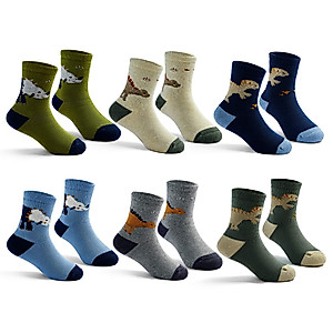 Big Kids Winter Socks Boys Warm Socks Thick Cotton Thermal Crew Socks for Boys Dinosaur 6 Pairs Size 13-1/8-10 Years