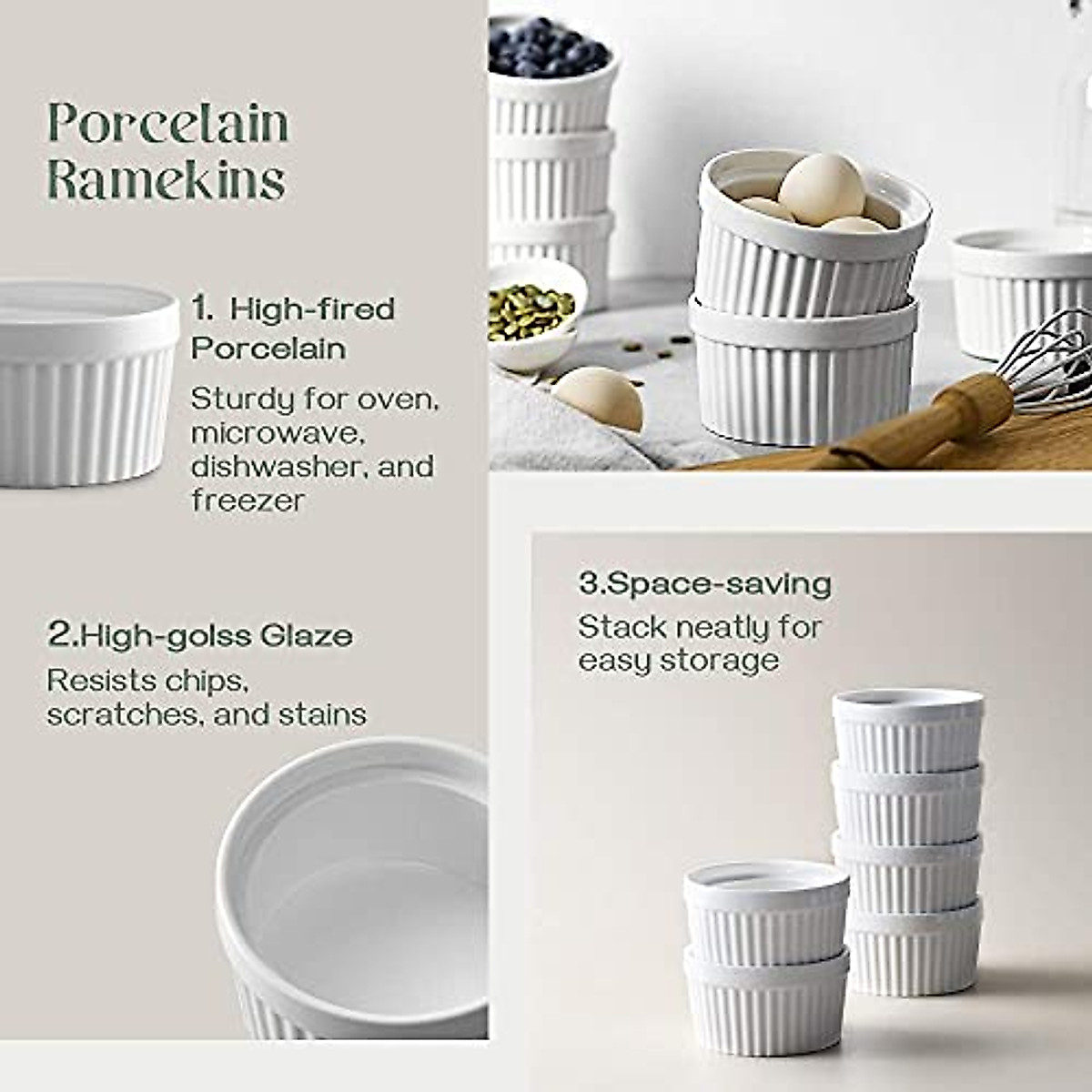 DOWAN 4 oz Ramekins for Creme Brulee Porcelain Ramekins Oven Safe, Classic Style Ramekins for Baking Souffle Ramekins Bowls, Set of 6, White