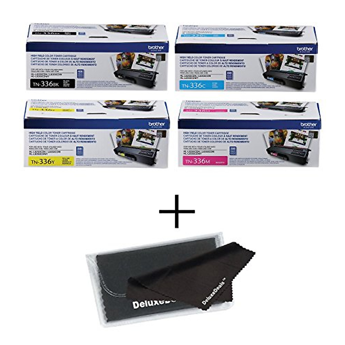 Brother TN336 High Yield Toner Set BCYM HL-L8250CDN HL-L8350CDW HL-L8350CDWT MFC-L8600CDW MFC-L8850CDW + DeluxeDeals MicroFiber LCD Screen Cleaning Cloth