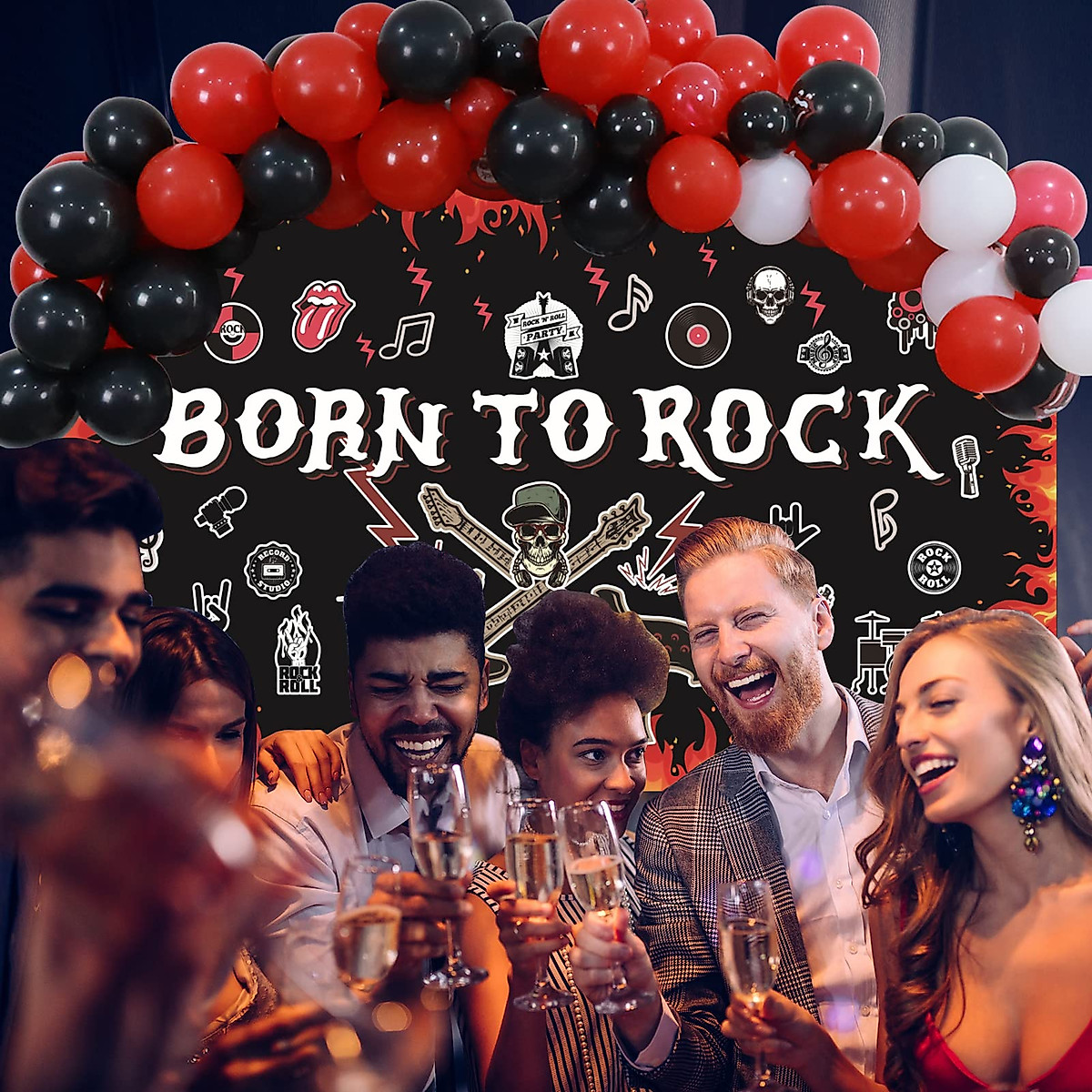 Crenics Rock and Roll Party Decorations - Large Born to Rock Backdrop Banner, Balloons Arch Kit and Guitar Foil Balloons for Rock Star Music Theme Birthday Party Supplies