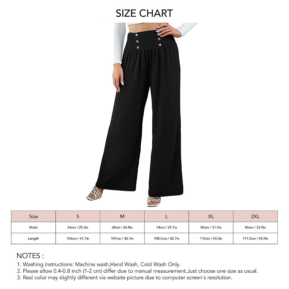 Pissente Women Wide Leg Trousers Shirred High Elastic Waist Button Decoration Casual Pants for Work Dating(XL-Black)