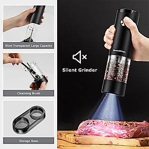 Bonsenkitchen Electric Salt and Pepper Grinder Set, Battery Operated(Not Included),2 Pack Automatic Salt & Pepper Mill Shakers with LED Light, Adjustable Coarseness, Storage Base, 95ml Large Capacity