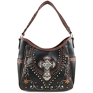 Justin West Cross Buckle Concho Floral Embroidery Stud Western Conceal Carry Purse Handbag (Cross Beige Purse)