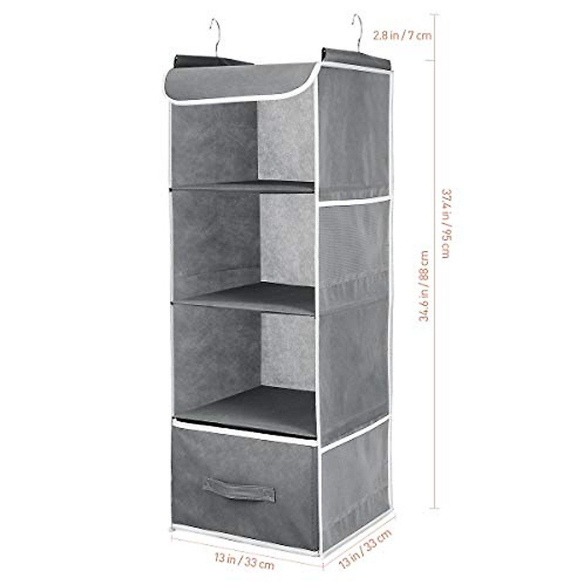 Cabilock Hanging Closet Organizer 4 Shelves with Drawer 4 Side Mesh Pockets Hanging Shelves for Closet Grey 13L×13W×36.4H inch