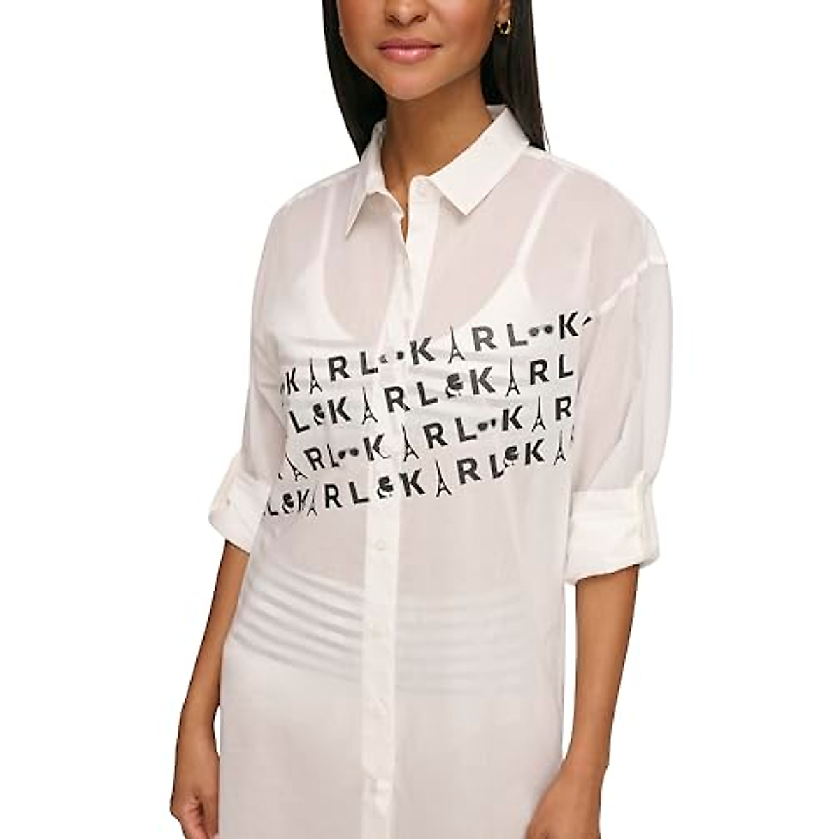 Karl Lagerfeld Paris Women's Standard Paris Logo Collared Swim Coverup, Soft White, Small