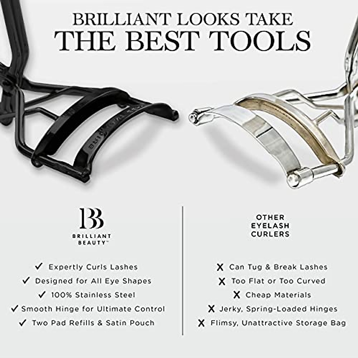Brilliant Beauty Eyelash Curler with Satin Bag & Refill Pads - Award Winning Eye Lash Curlers for Dramatically Curled Eyelashes & Lash Lift in Seconds (Jet Black)