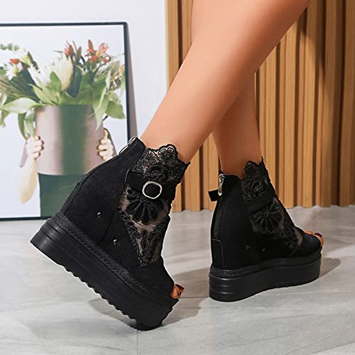 Ladies Fashion Solid Color Summer Breathable Mesh Open Toed Back Zippered High Soled Womens Size 12 Shoes Sandals (Black, 7.5)
