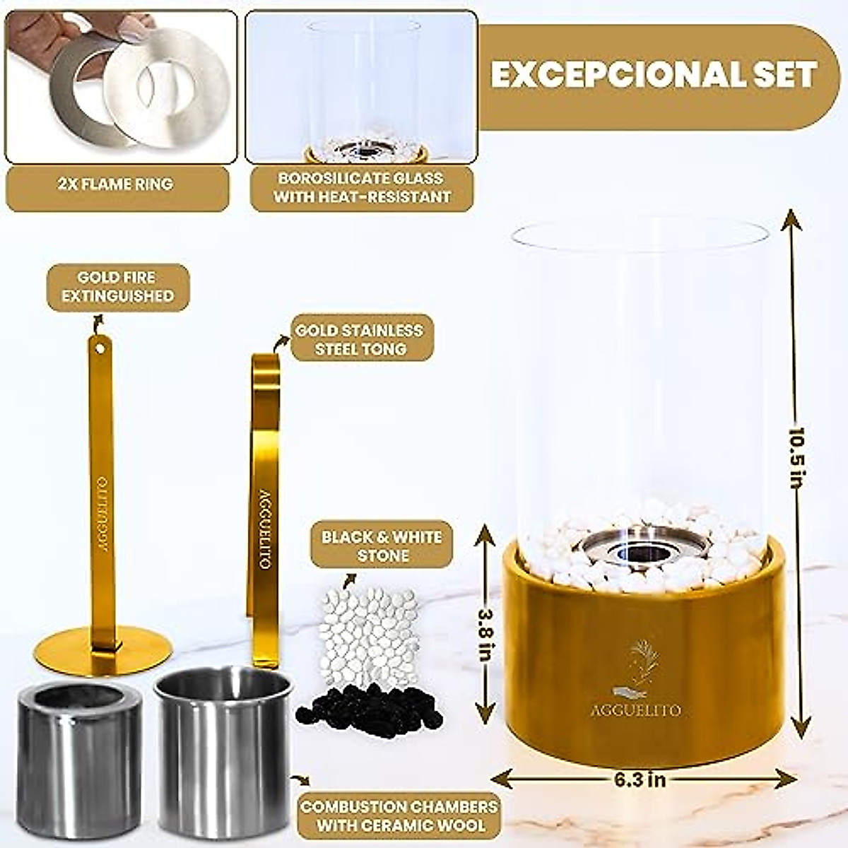 Gold Table top FirePit - Elegant Portable Tabletop Fireplace with Protective Glass & Bioethanol or Alcohol Burner - Perfect for Patio Decor & Housewarming Gifts - Tabletop firepit Indoor & Outdoor.