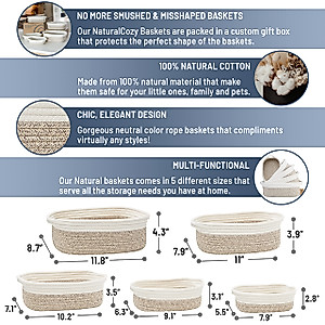NaturalCozy 5-Piece Rectangle Storage Basket Set- Natural Cotton Rope Woven Baskets for Organizing! Small Basket for Montessori, Baby Nursery, Dog Toy Baskets, Cat Toy Box, Bathroom Organization Bin