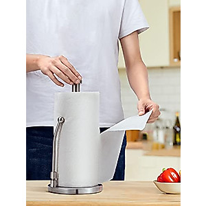 SMARTAKE Paper Towel Holder for One Hand Tear, Paper Towel Dispenser Standing Weighted Base Non Slip, Spring Arm Fit Most Size Paper Roll, Stainless Steel Paper Towel for Kitchen Countertop Silver