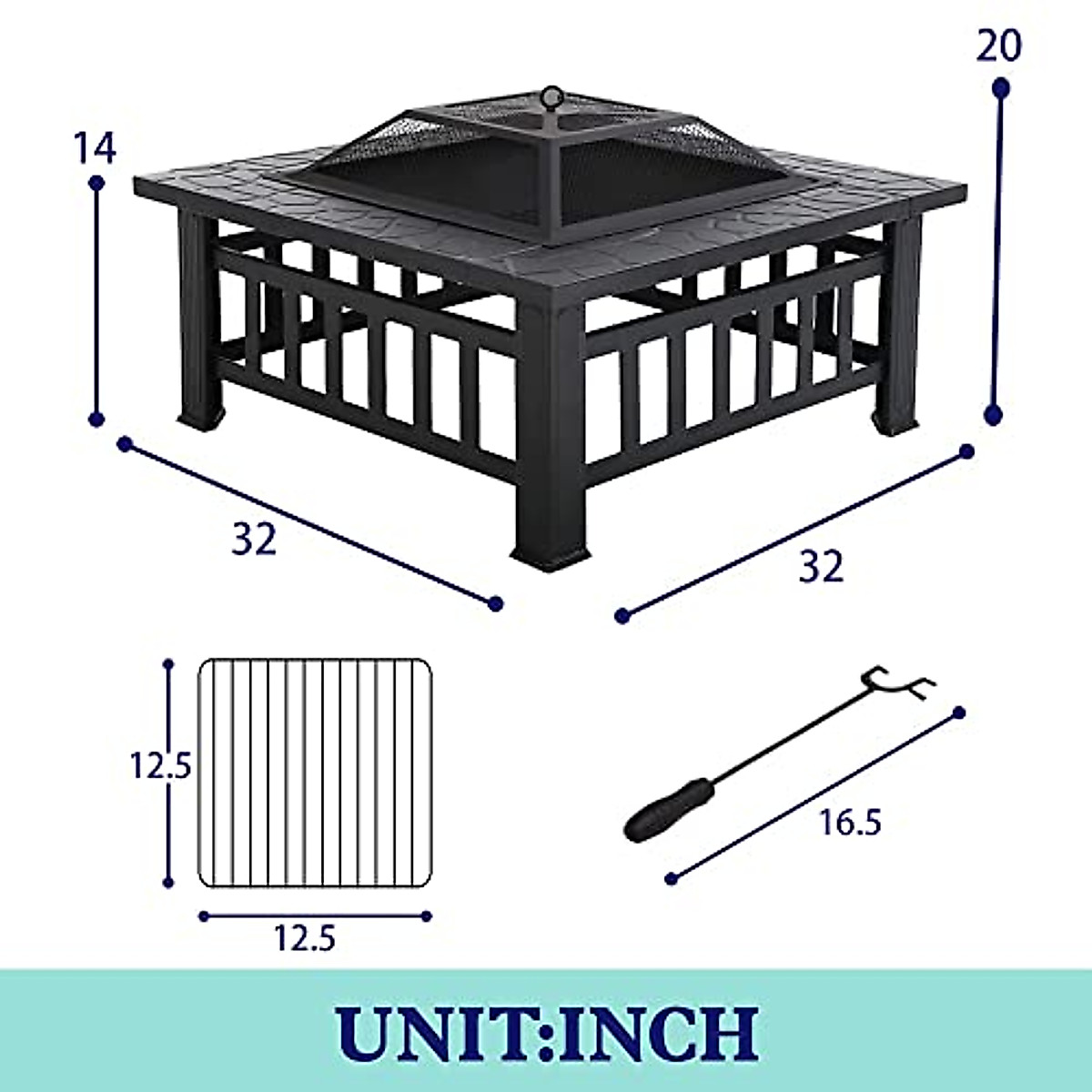 Fire Pit 32in Square Metal Firepit Patio BBQ Fireplace with Charcoal Rack Mesh Cover Poker for Camping Bonfire Picnic Outdoor Heating