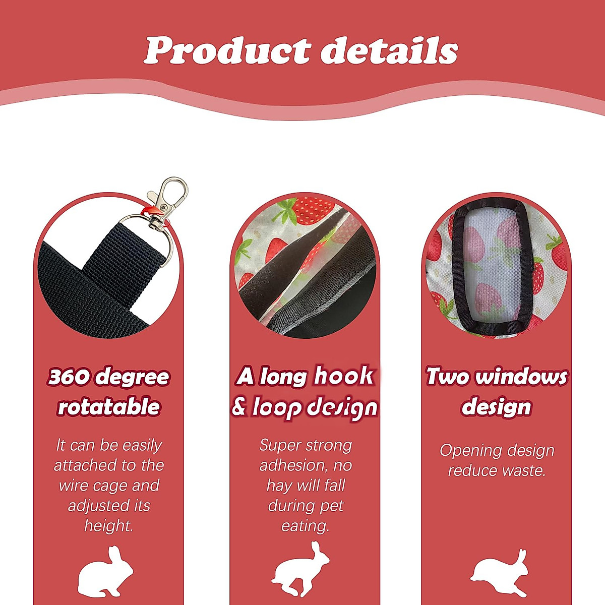 YOLAGGOY Small Animal Hay Feeder, 2 Holes Hanging Rabbit Hay Feeder Bag for Rabbit Small Animal Chinchilla with 1 Grind Teeth Stone(Strawberry)