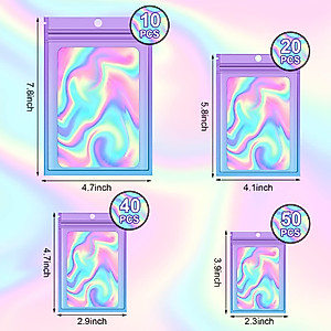 120 PCS Smell Proof Mylar Bags Resealable Odor Proof Bags Holographic Packaging Pouch Bag with Clear Window for Food Storage Jewelry Candy Electronics Storage, 4 Sizes