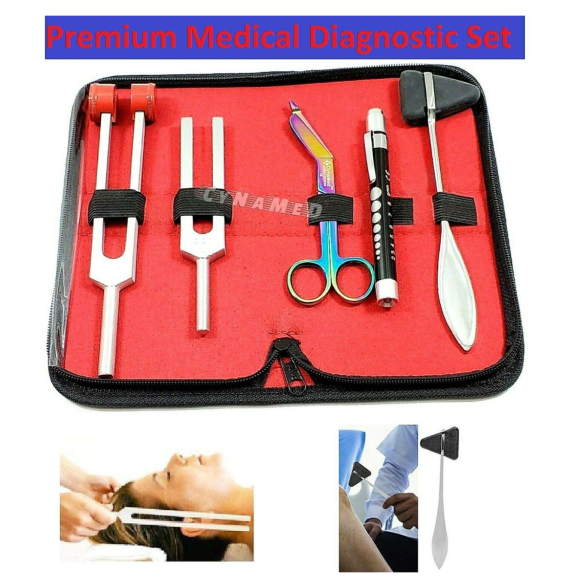 Premium Student Diagnostic Kit- Reflex Hammer & Tuning Fork Set C 128 And C 512 + Wartenberg Pinwheel Premium Steel Bandage Scissor 7.5” (Set Of 5 Rainbow Scissors Reusable Penlight)