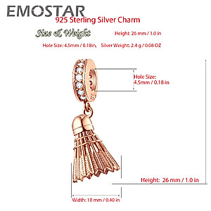 Rose Gold Shuttlecock Dangle Charms, 925 Sterling Silver Badminton Pendant with Clear CZ, fit Pandora DIY Sports Bracelet Bangle, Gifts for Sports Lover/Graduation/Friends