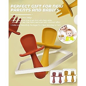 4 Pcs Baby Spoons Self Feeding 6 Months, Silicone Baby Spoons First Stage, Toddler Utensils for Baby Led Weaning with 2 Cases (Caramel, Tumeric)