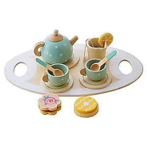 Toy Tea Set, Wooden Pretend Play Tea Party Set, Tea Time Toy Set, Role Play Toy Kitchen Accessories, Dessert Food Playset Interactive Simulation Teacup Toy for Toddlers Kids