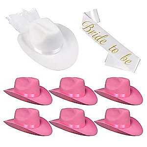Chug Buddy Set of 7 Cowgirl Hats Bride Cowgirl Hat with Bride to Be Sash and Veil for Bachelorette Party- Favors, Supplies, Decorations, Gifts