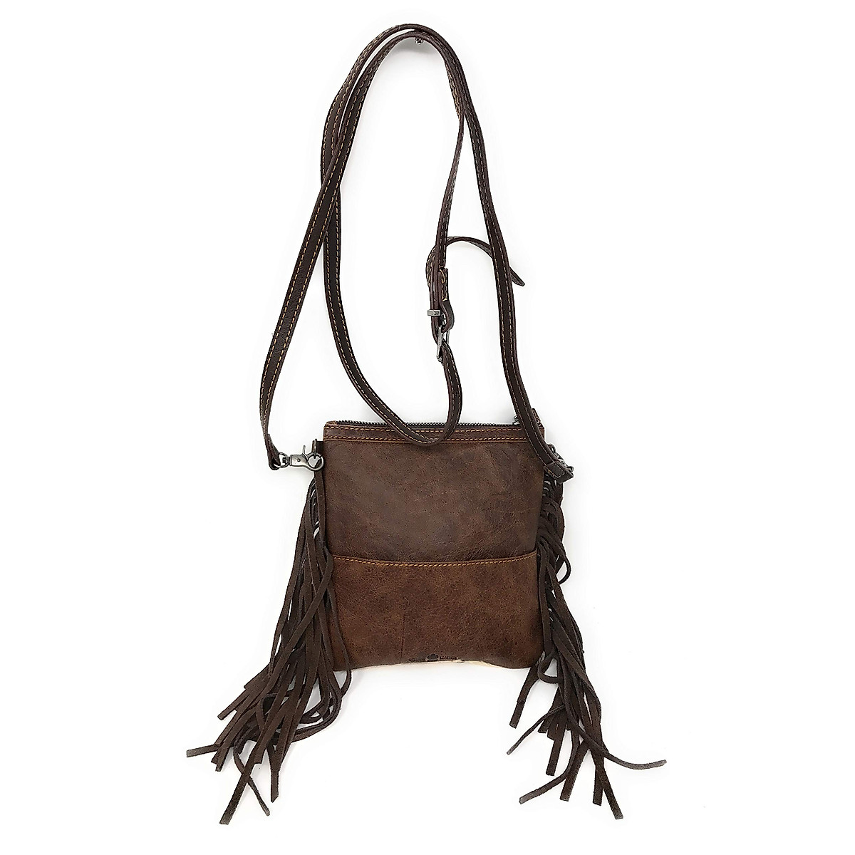 Concealed Carry Leather Western Floral Tool Cowhide Womens Fringe Clutch Crossbody in 2 colors (Brown)