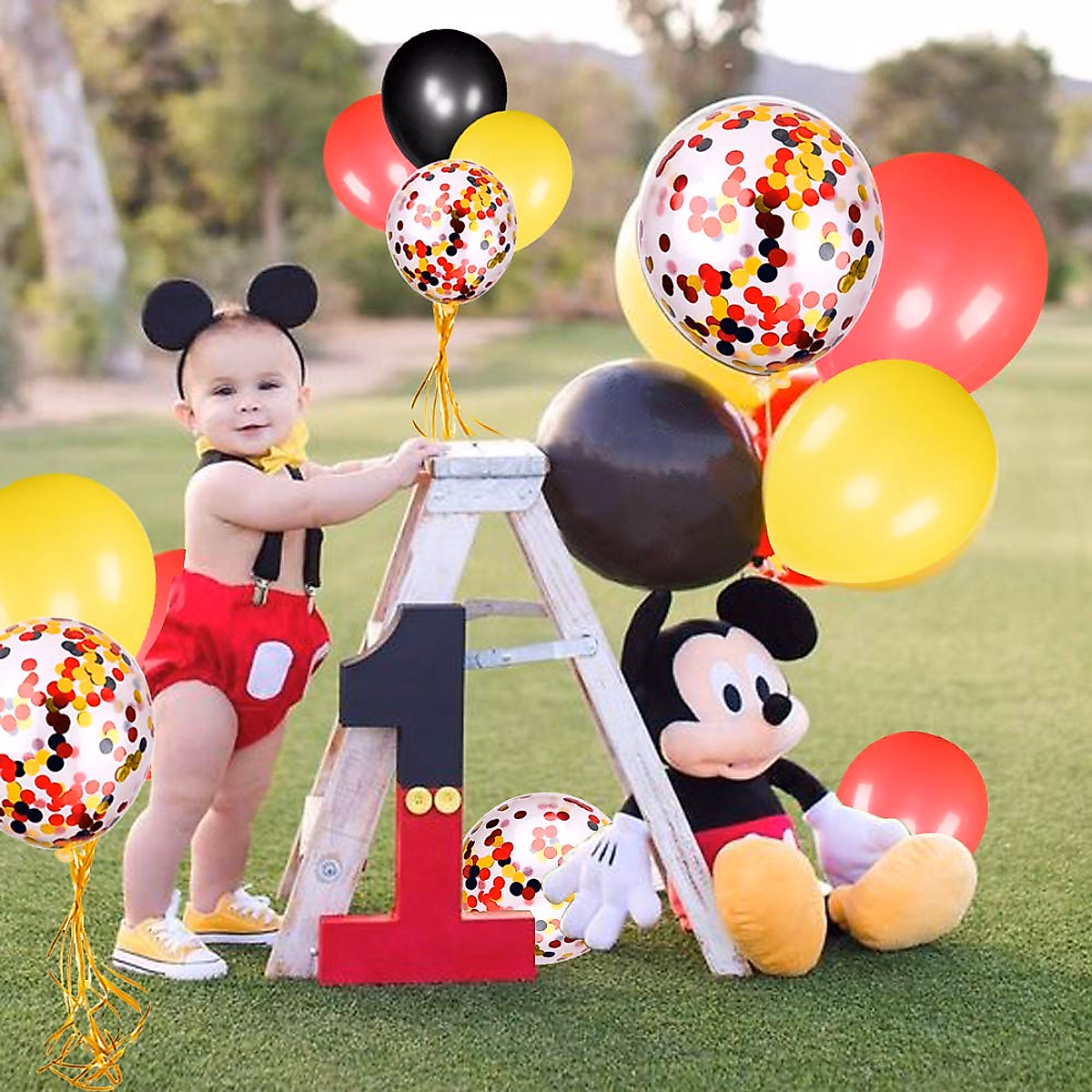 JOYYPOP 80 pcs Black Red Yellow Latex Balloons with Confetti Balloons for Baby Shower,Mouse balloon Theme Party Decoration,Brithday Party