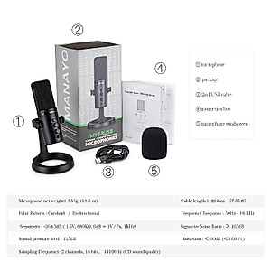 MANAYO USB Condenser Microphone for Recording, podcasting, Streaming and Gaming. Professional USB/USB-c mic for Computer, Laptop, Phone and Mac, Plug and Play, Cardoid & Bi-Directional Mode.