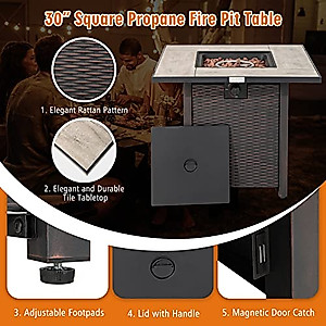 Tangkula 5-Piece Patio Furniture Set with 30 Inches Gas Fire Pit Table, Outdoor Wicker Conversation Sectional Sofa Set with Storage Box and Coffee Table, 50,000 BTU Propane Fire Pit Table (Red)