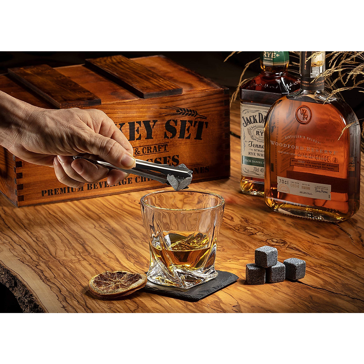 Mixology Whiskey Gift Set, Whiskey Glass Set with Rustic Wooden Crate, 8 Granite Whiskey Rocks Chilling Stones, 10oz Whiskey Glasses, Gift for Men, Dad, Husband, Boyfriend - Jameson Brown