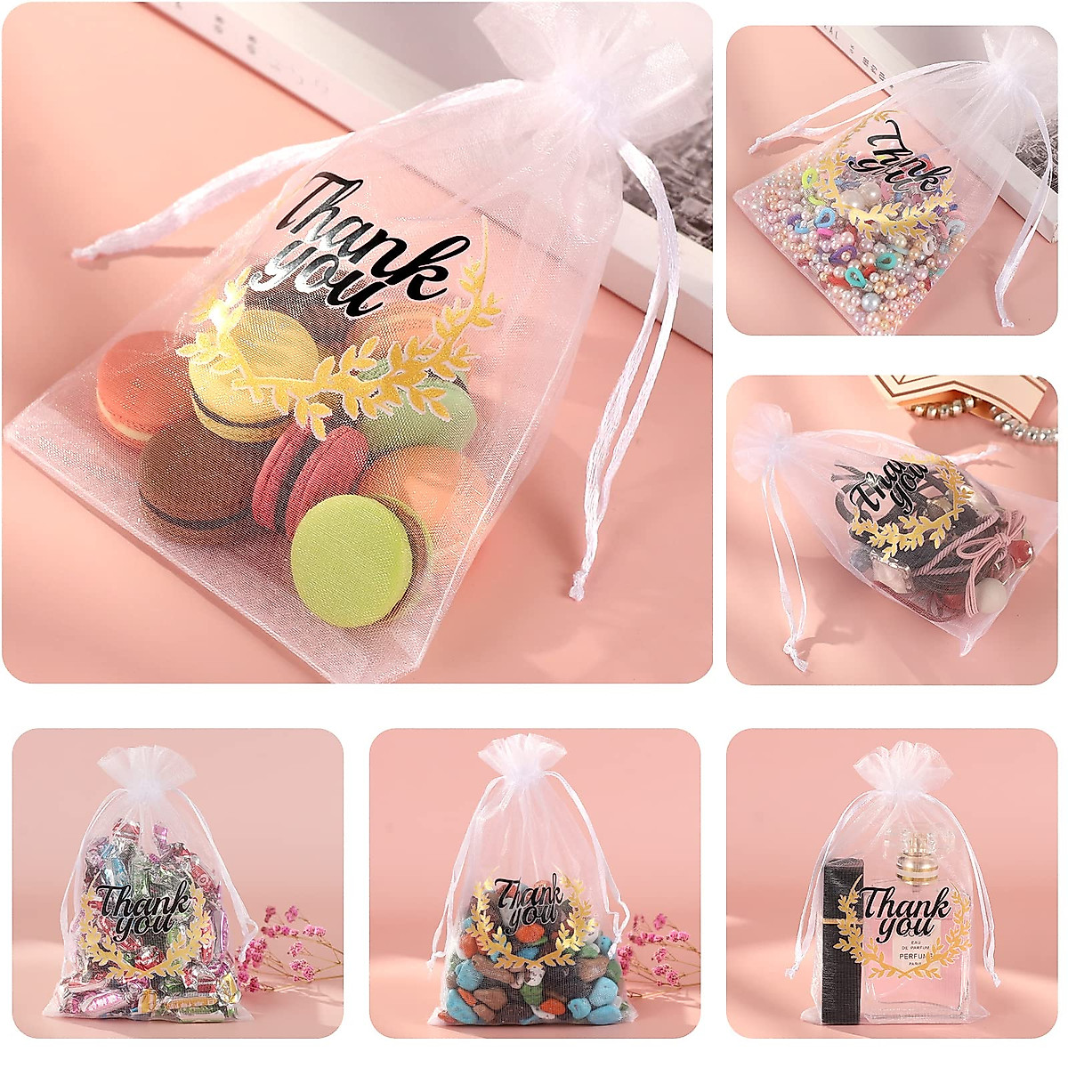 Hopttreely Small Thank You Bags Sheer Organza Bags, 100Pcs Wedding Favor Bags with Drawstring, 4X6 Jewelry Gift Bags for Party, Jewelry, Christmas, Festival, Makeup Mesh Favor Bags (White)