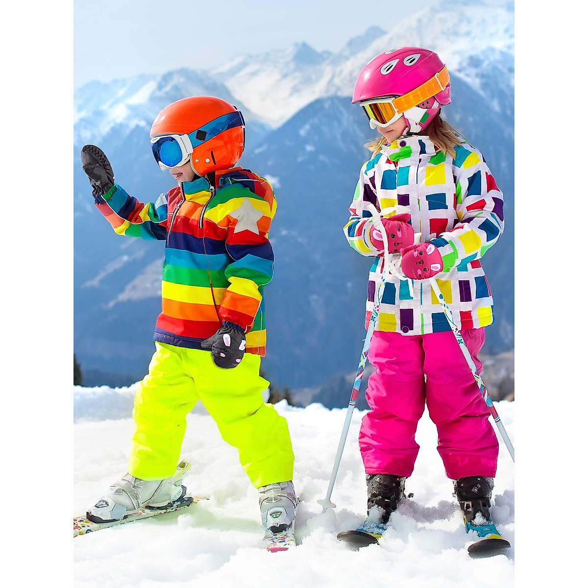 SATINIOR 2 Pairs kids waterproof mittens Girls Winter Snow mittens Warm Snow Gloves for Winter Outdoor Activities(3-5 Year,Classic Style)