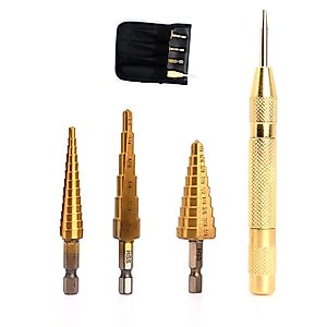 Sinoprotools Step Drill Bit & Automatic Center Punch,3pcs HSS Titanium Step Drill Bit Set, Quick Change 1/4" Shank Step Bit,Unibit Step Bits for Plastic, Wood, Sheet Metal Hole Drilling