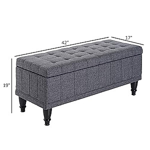 HOMCOM Storage Ottoman, Linen Fabric Button Tufted Storage Bench with Soft Close Lid for Living Room, Entryway or Bedroom, Dark Gray