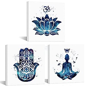 Saypeacher 3 Pieces Abstract Yoga Canvas Wall Art Blue Starry Night Pictures Lotus Flower Painting Pritns for Bedroom Yoga Room Bathroom Decor Sretched and Framed Ready to Hang 12"x12"x3pcs