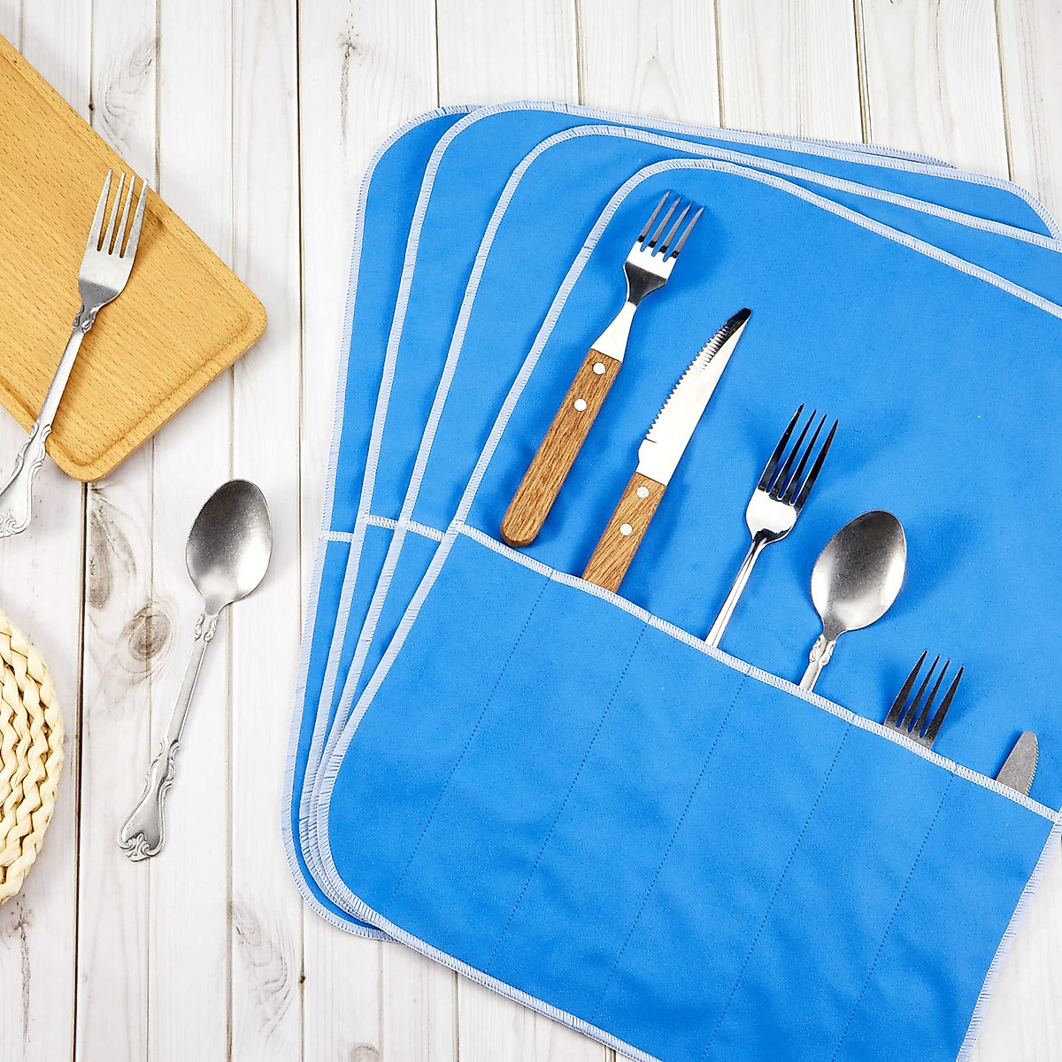 Silver Storage Bags Anti Tarnish Silver Protector Bags Blue Holder for Silverware Flatware Storage Organizer Silver Storage Cloth Place Setting Roll with White Ribbon for Teaspoon Utensils (8 Pieces)