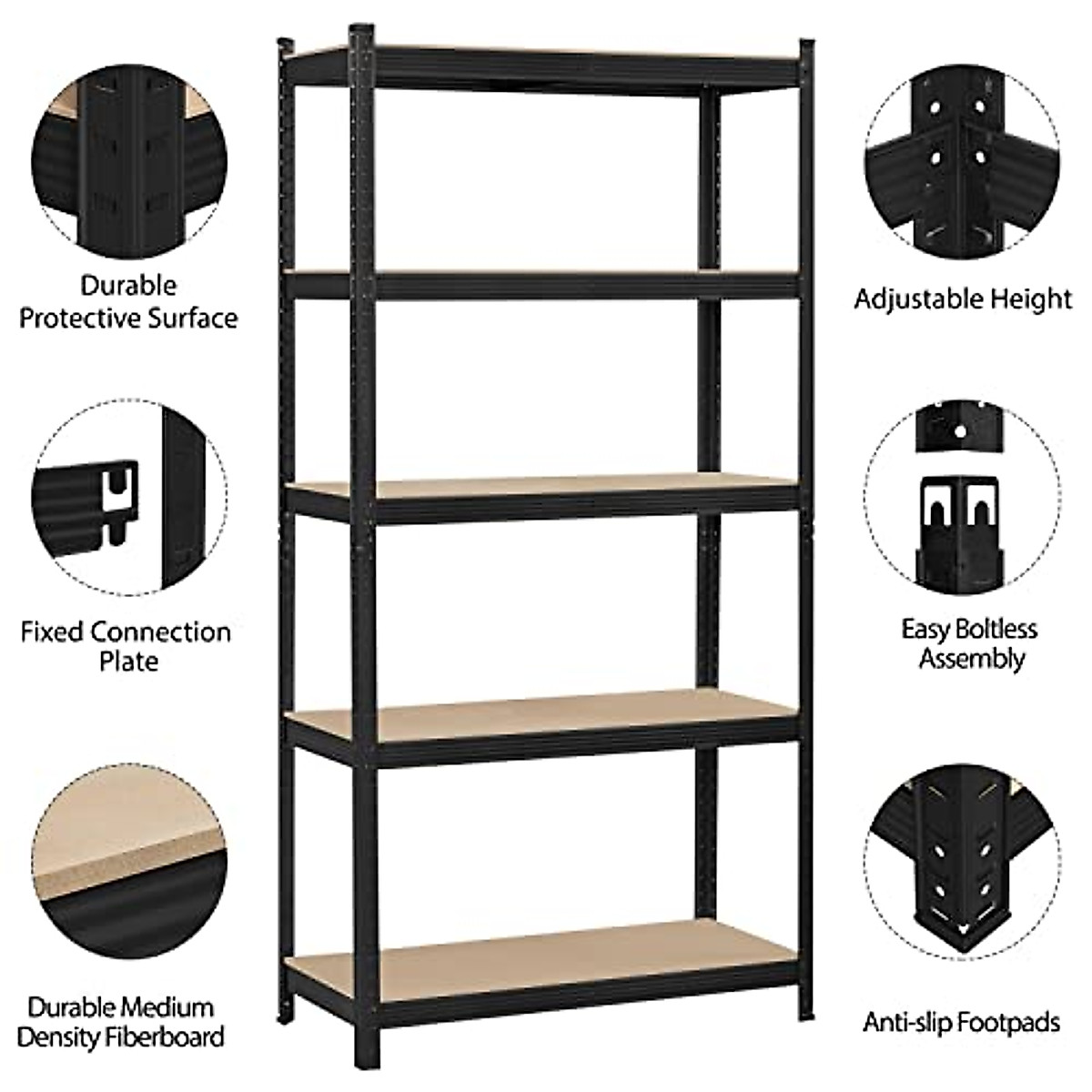 Topeakmart 5-Tier Utility Shelves, Metal Storage Shelves Garage Shelving Unit Adjustable Garage Storage Shelves Storage Racks Heavy Duty Shed Shelving- Black, 35.5 x 16 x 71 Inch