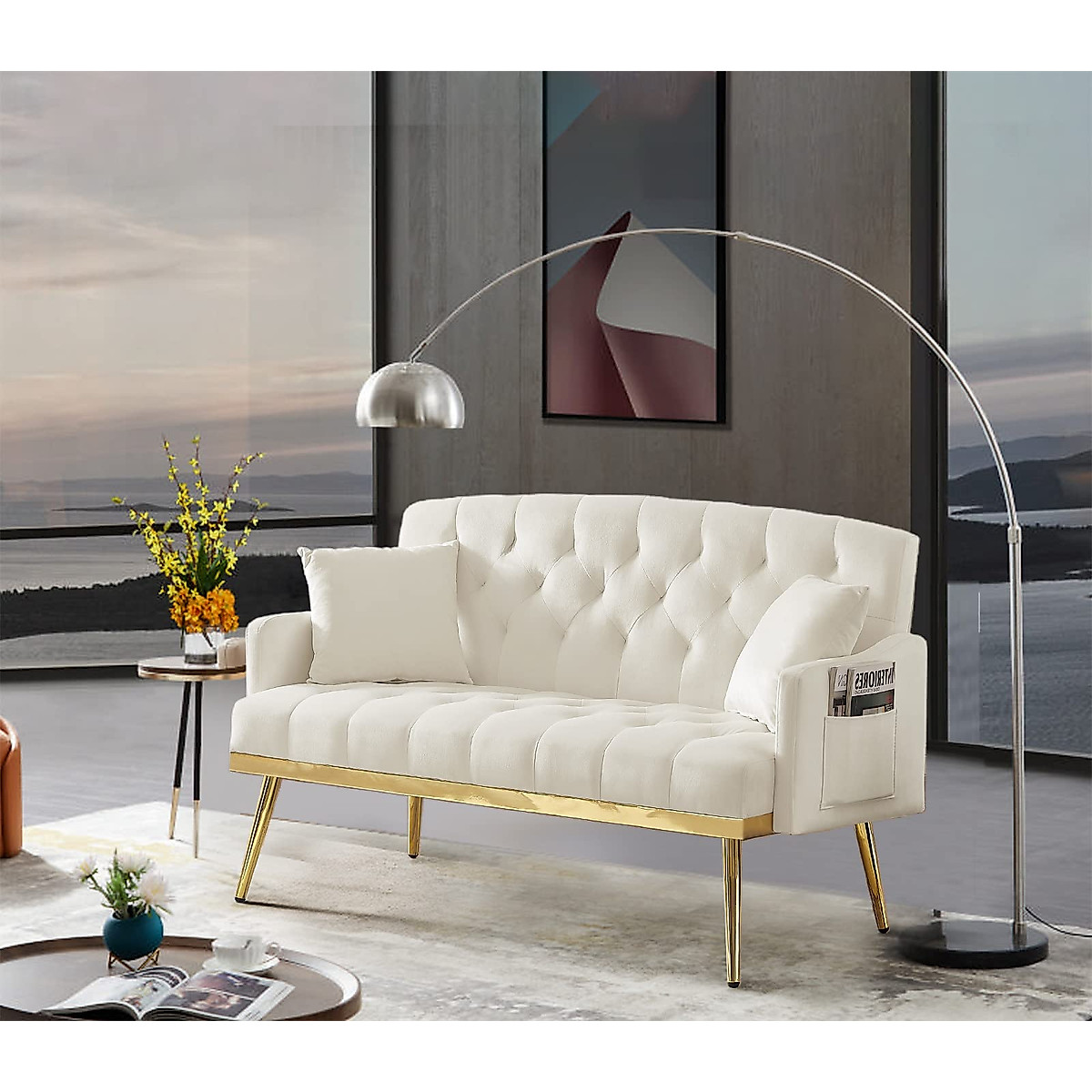 Antetek Upholstered Velvet Loveseat Sofa, Modern Small Sofa Couch with Side Pocket and Golden Metal Legs, Tufted Leisure Sofa for Living Room, Bedroom, Office, Small Space, Light Beige