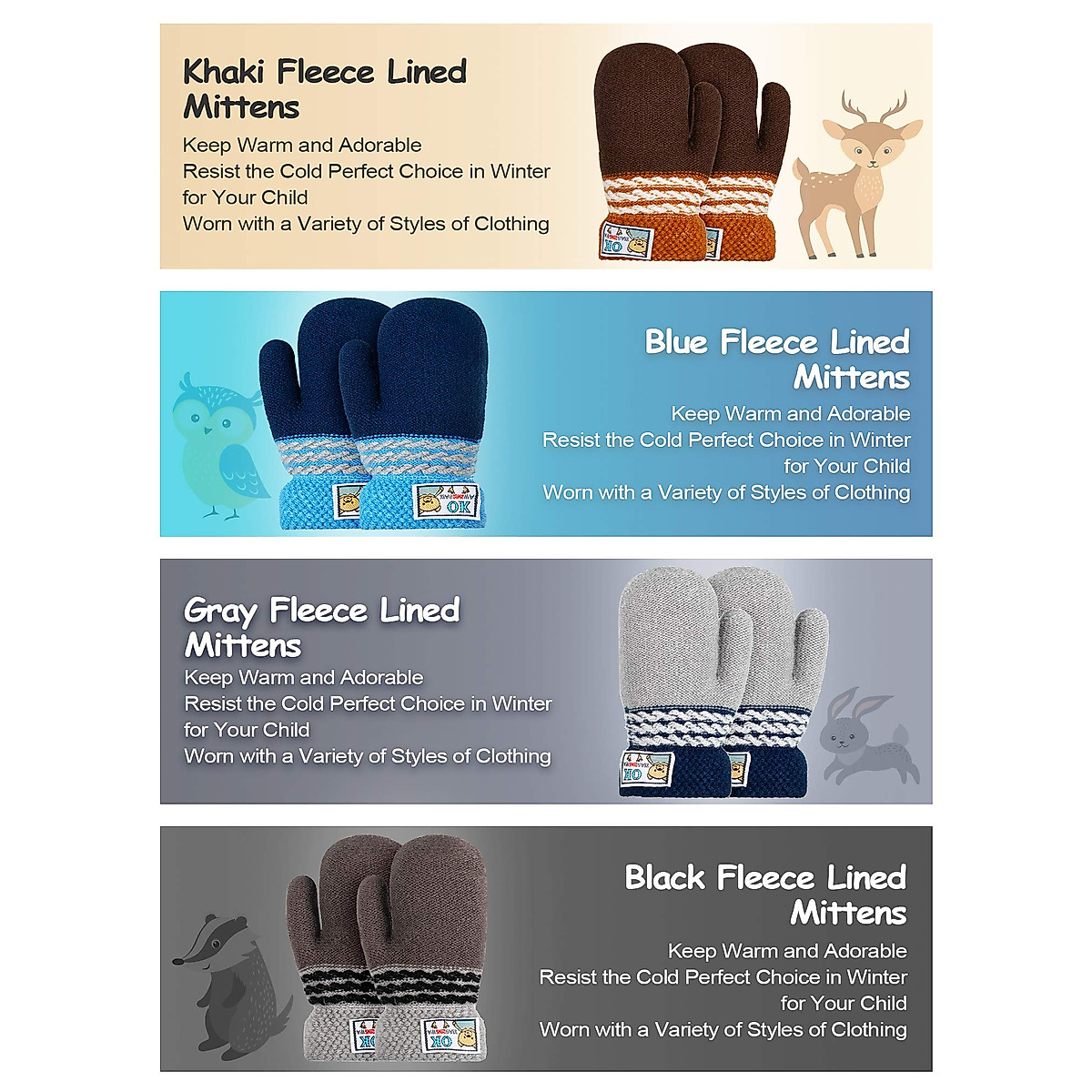 SATINIOR 4 Pairs Fleece Toddler Mittens with String 1-3 Years Fleece Baby Mittens Winter Lining Infant Gloves Warm Thermal Gloves for Baby Kid Toddler