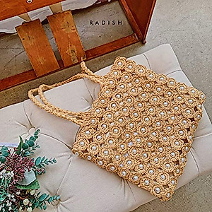 QTKJ Hand-woven Hollow Out Soft Straw Shoulder Bag with Pearl Flower, Boho Straw Handle Tote Summer Beach Bag Handbag