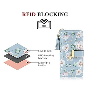 RFID Wallets for Women with Multiple Card Slots and Cellphone Compartment, Womens Wallet(Printed blue peony)