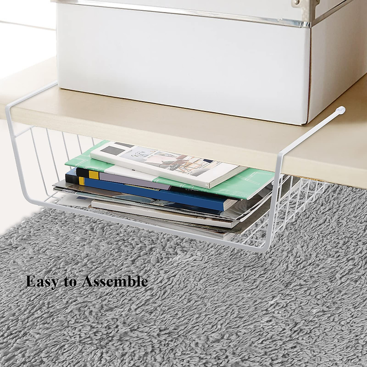 Tebery 4 Pack White Under Shelf Wire Basket Hanging Storage Baskets, Under Cabinet Add-on Storage Racks Slide-in Baskets Organizer for Kitchen Pantry Desk Bookshelf